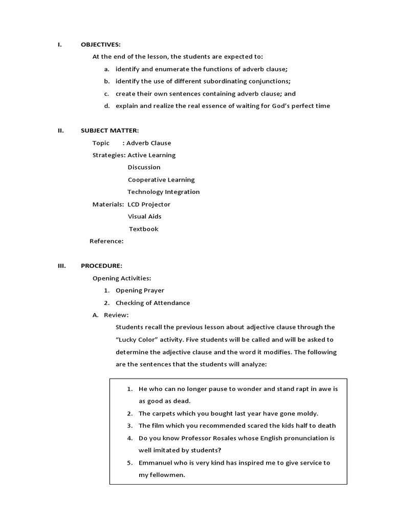 Lesson Plan 3 | PDF | Clause | Adverb