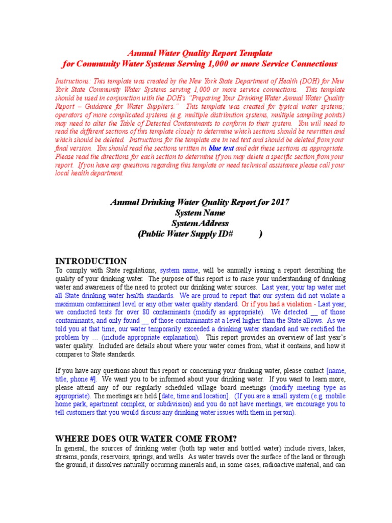 Annual Water Quality Report Template For Community Water Systems ...