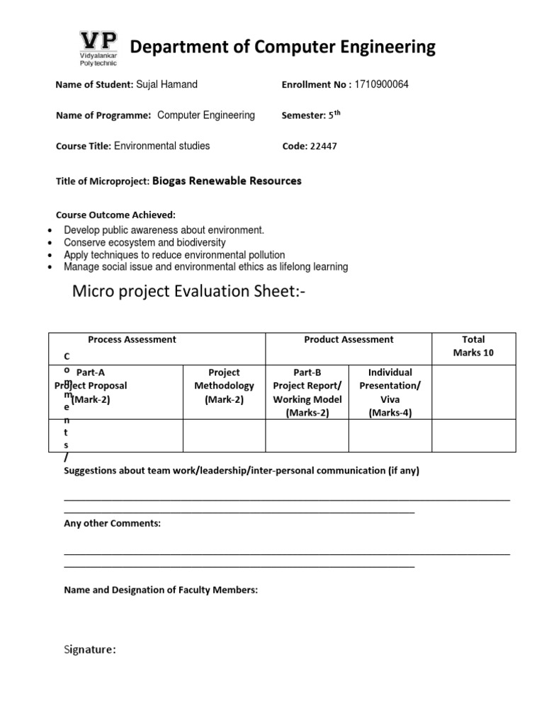 Department of Computer Engineering: Micro Project Evaluation Sheet | PDF | Biogas | Anaerobic ...