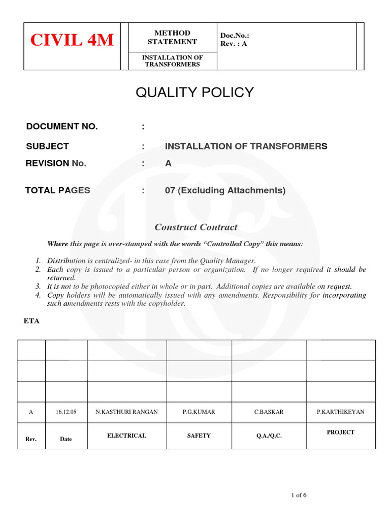 Work Method Installation of Transformer | PDF | Quality Assurance ...