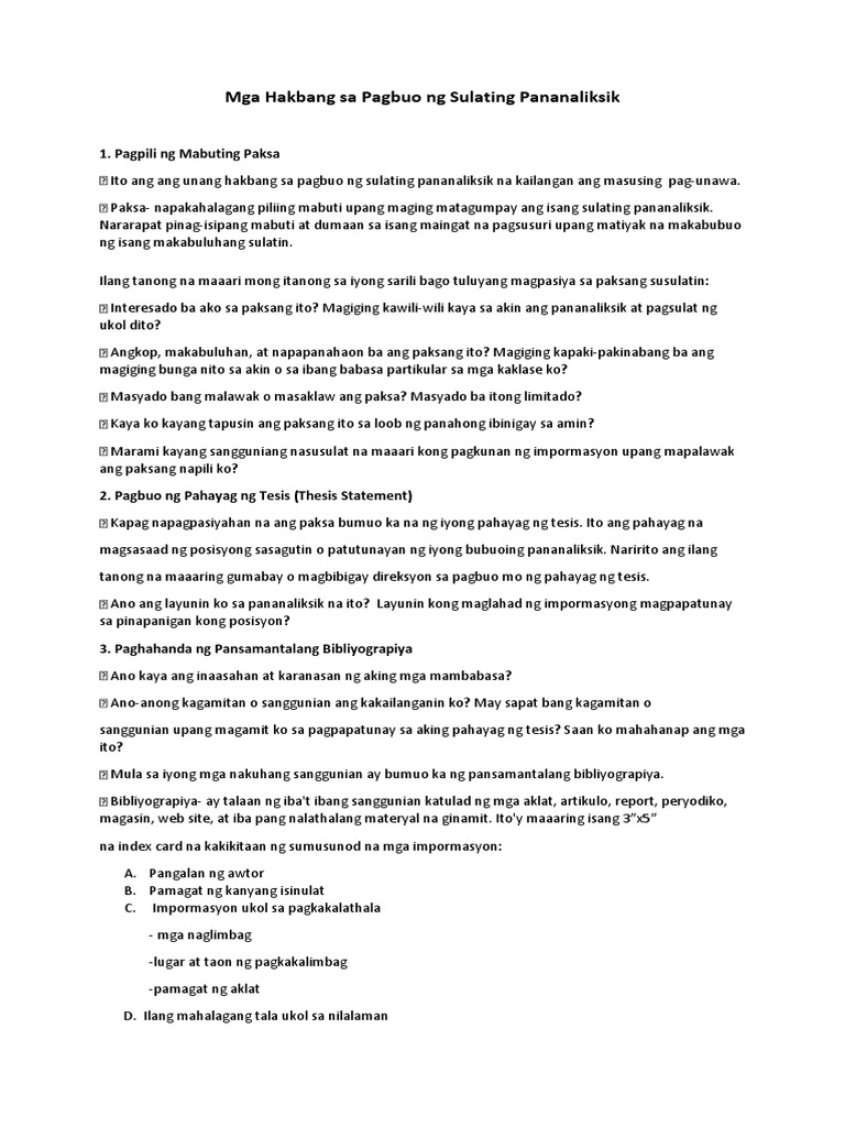 Mga Hakbang Sa Pagbuo NG Sulating Pananaliksik | PDF