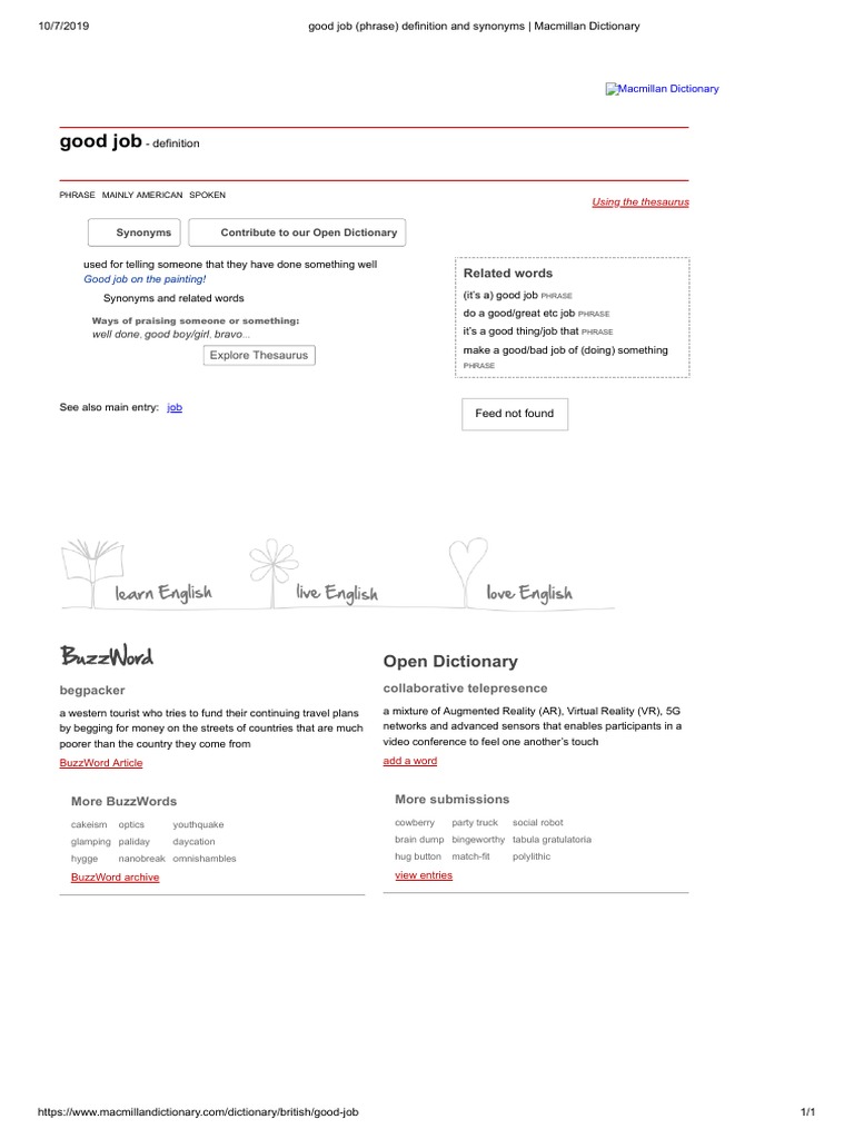 Good Job (Phrase) Definition and Synonyms - Macmillan Dictionary | PDF ...