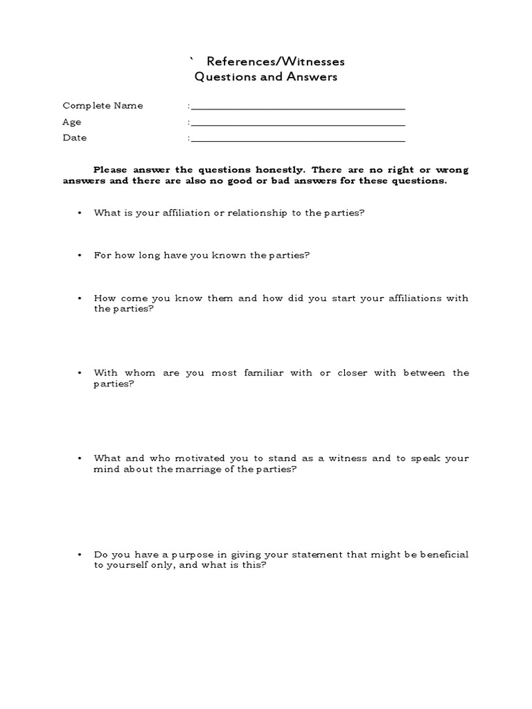 WITNESSES' Questions and Answers | PDF | Marriage | Social Psychology