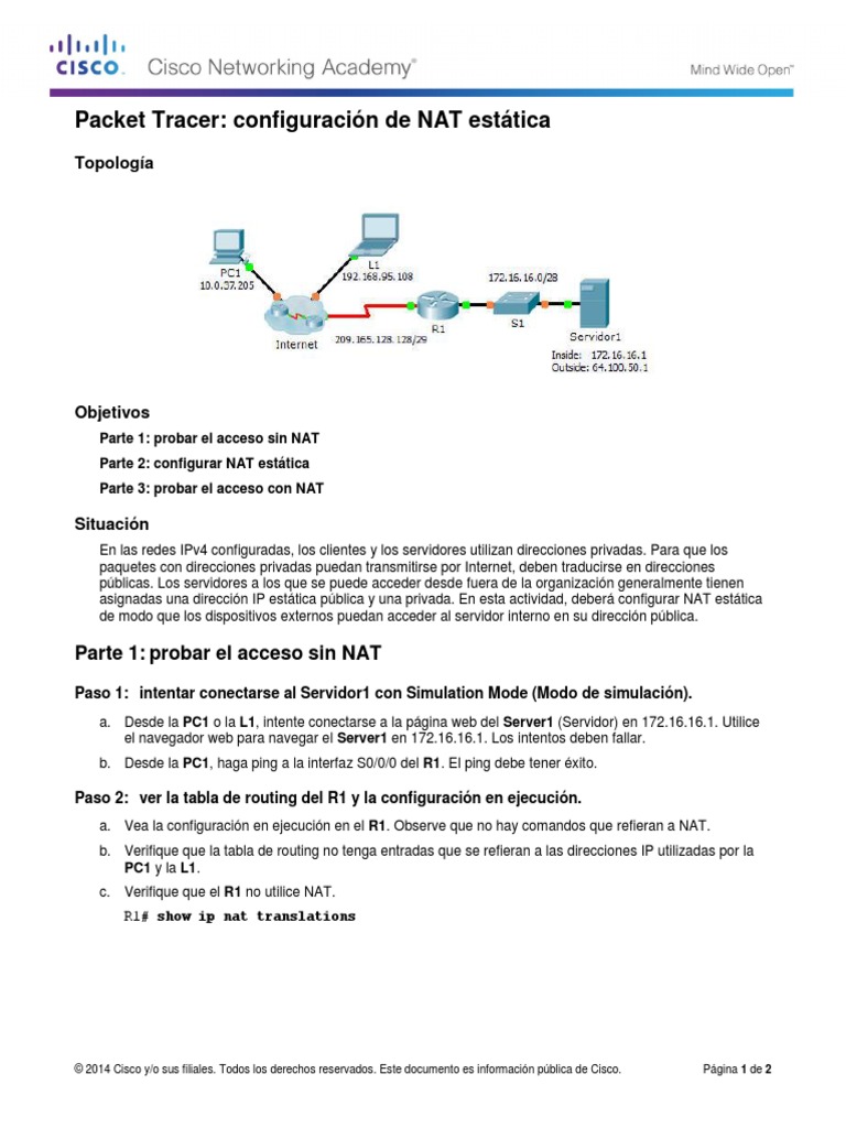 5.2.1.4 Packet Tracer - Configuring Static NAT Instructions | PDF | Dirección IP | Protocolos de red