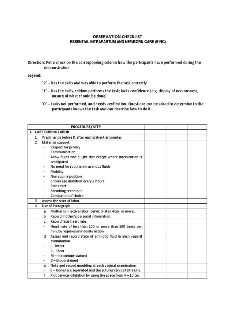 Einc Skills Checklist | PDF | Childbirth | Maternal Health