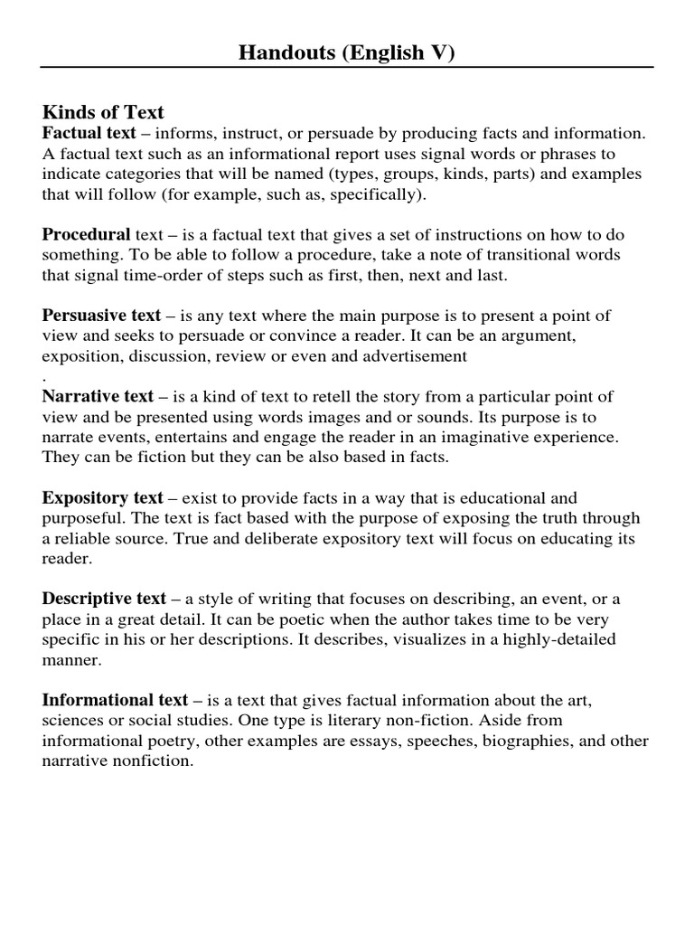 Handouts (English V) : Kinds of Text | PDF