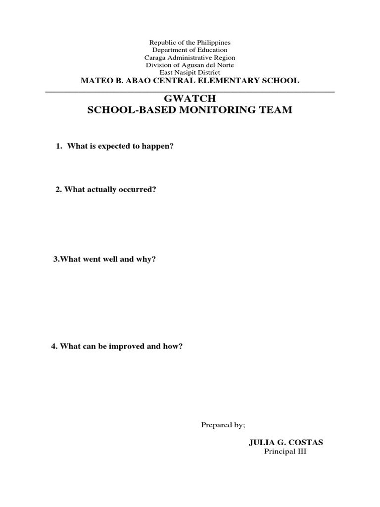 Gwatch School Based Monitoring Team | PDF | Career & Growth | Wellness