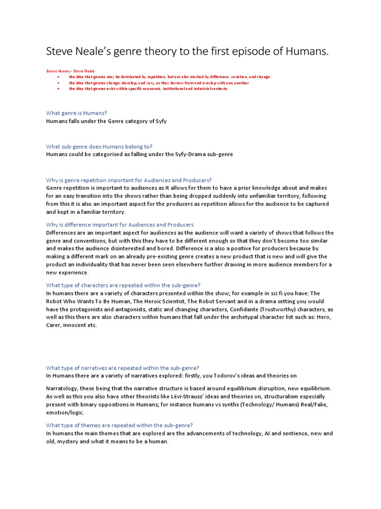 Steve Neale's Genre Theory To The First Episode of Humans | PDF | Genre ...