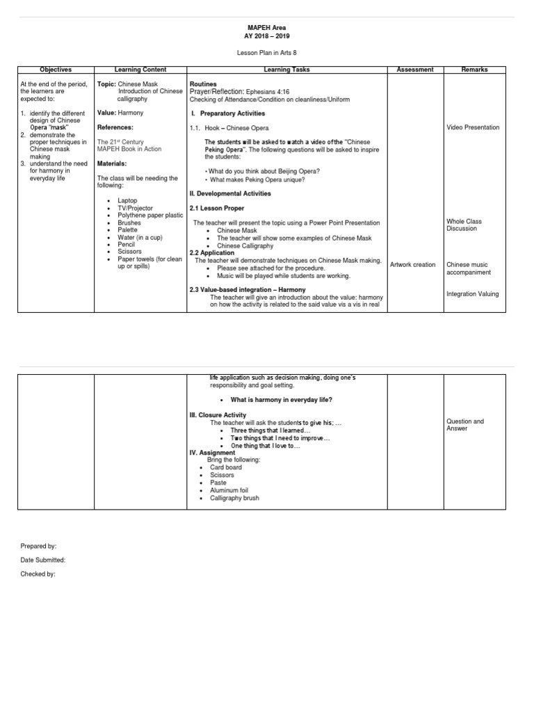 Chines Mask Lesson Plan | PDF | Lesson Plan | Educational Psychology