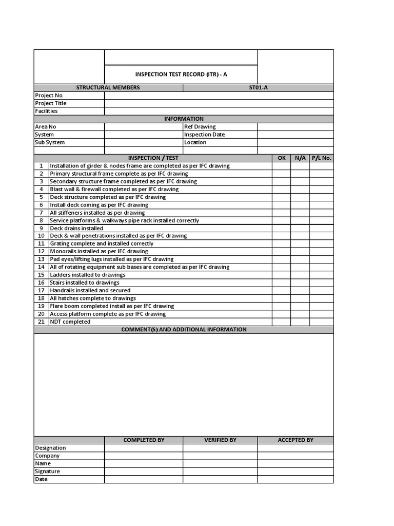 Inspection Test Record for Structural ITR | PDF | Home & Garden ...