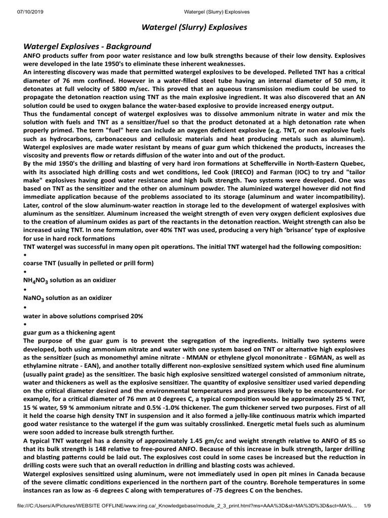 Watergel (Slurry) Explosives | PDF | Water | Chemistry