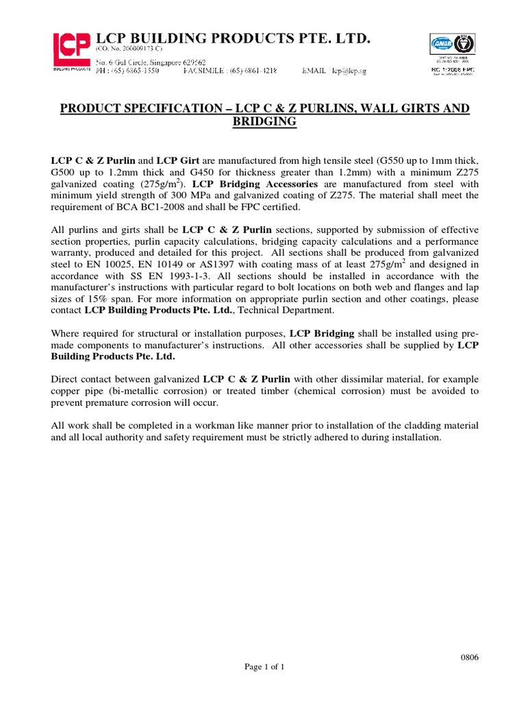 Product Specification - LCP C & Z Purlins, Wall Girts and Bridging | PDF