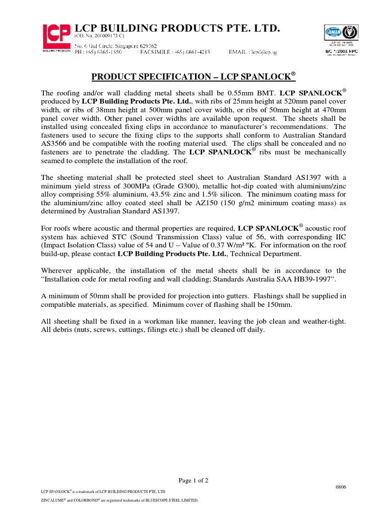 LCP SPANLOCK Specification | PDF | Roof | Paint