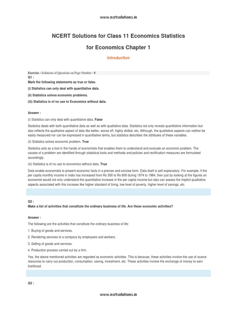 NCERT Solutions For Class 11 Economics Statistics Chapter 1 | PDF ...