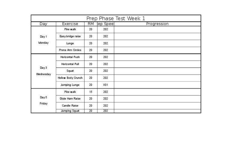 Prep Phase Test Week 1: Day Exercise RM Rep Speed Progression | PDF