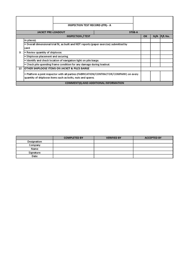 Inspection Test Record (Itr) - A Jacket Pre-Loadout ST08-A Inspection ...