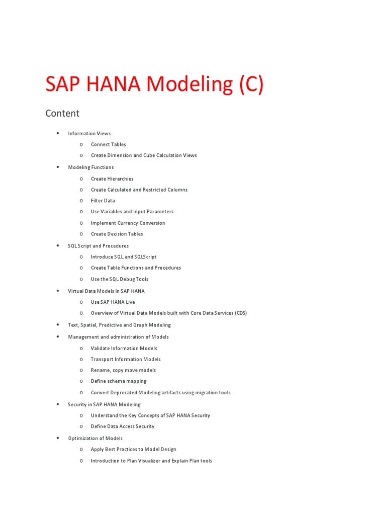 SAP HANA Modeling (C) : Content | PDF