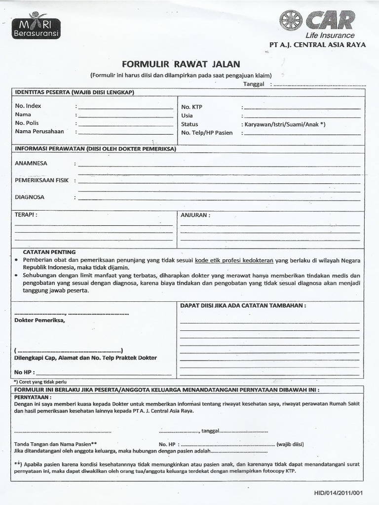 Form Klaim Rawat Jalan CAR PDF | PDF