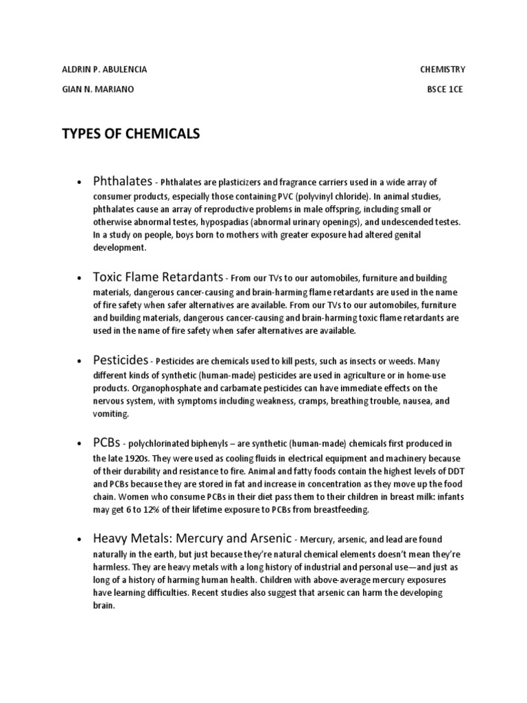 Types of Chemicals: Phthalates | PDF | Formaldehyde | Polychlorinated ...