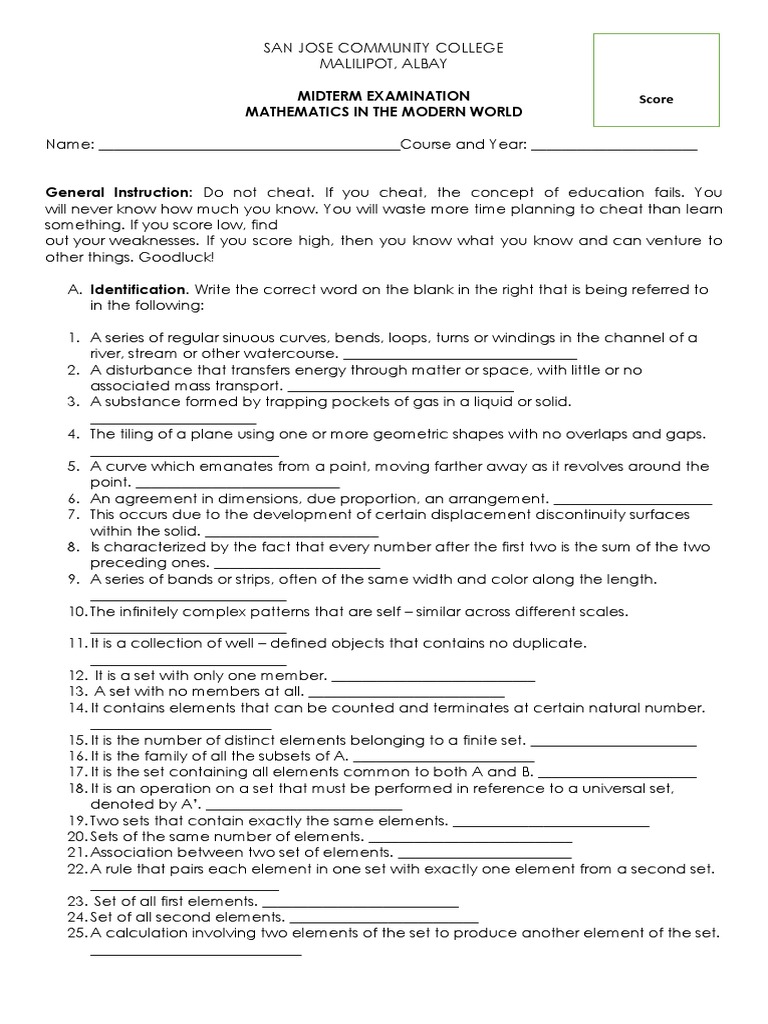 Midterm Exam - Math in The Modern World | PDF | Set (Mathematics) | Numbers