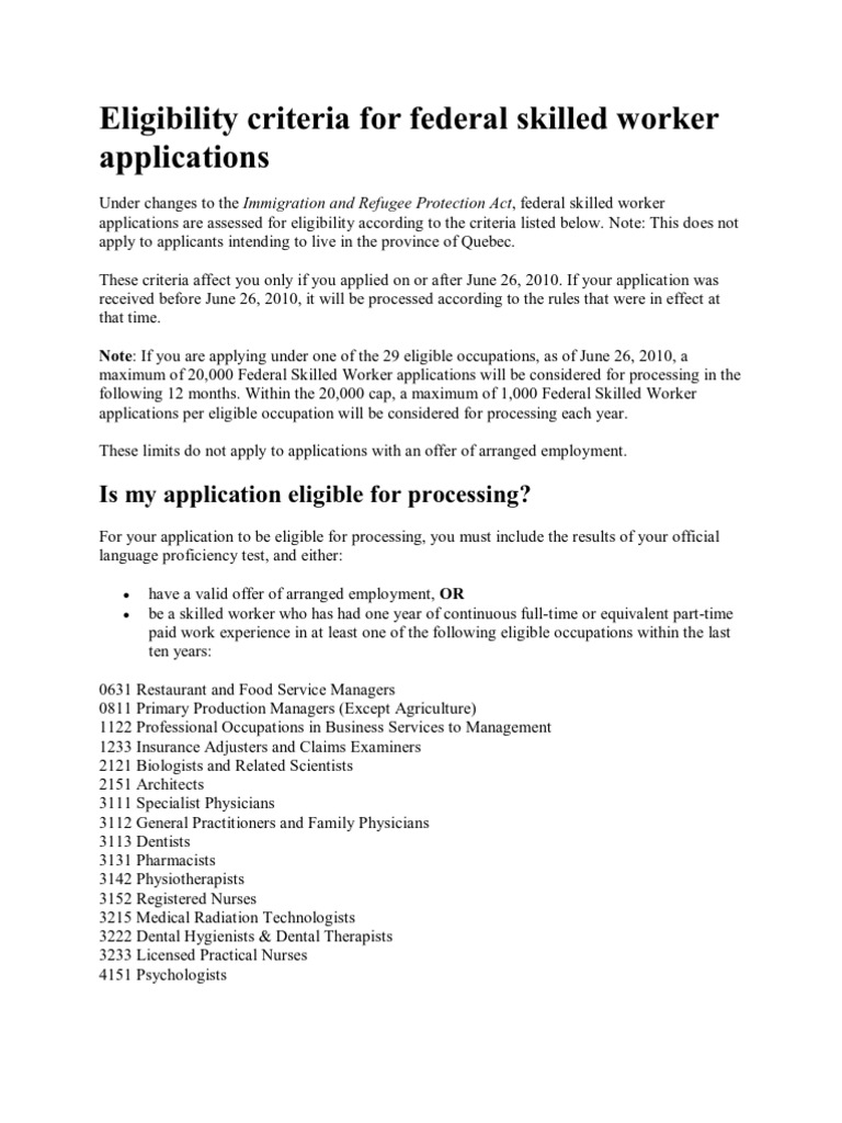 Eligibility Criteria For Federal Skilled Worker Applications | PDF ...