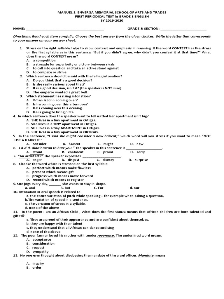 1st Periodical Test - English 8 | PDF | Stress (Linguistics)