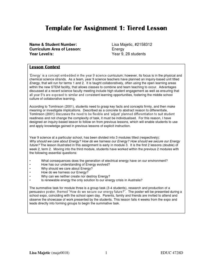 Template For Assignment 1: Tiered Lesson | PDF | Inquiry Based Learning ...
