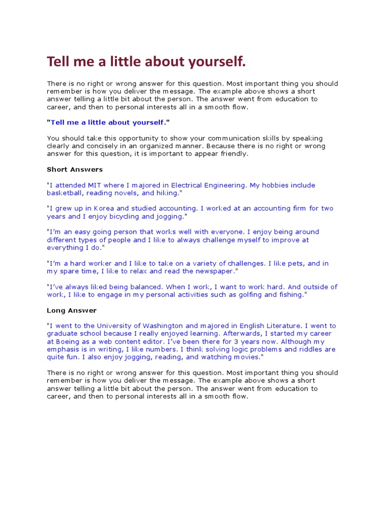 Tell Me About Yourself | PDF | Question | Cognition