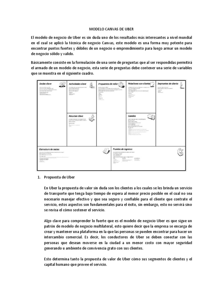 Modelo Canvas de Uber: Propuesta y Estructura | PDF | Modelo de negocio ...
