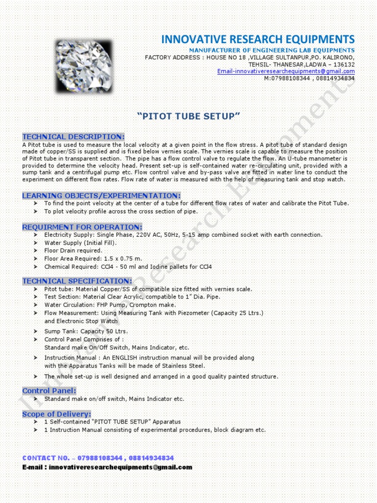 Innovative Research Equipments: "Pitot Tube Setup" | PDF | Flow ...