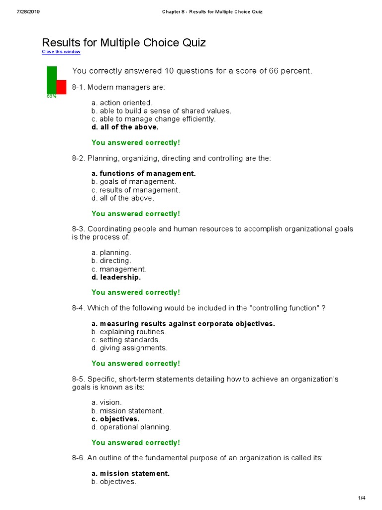 Chapter 8 - Results For Multiple Choice Quiz 1 | PDF | Goal | Strategic ...