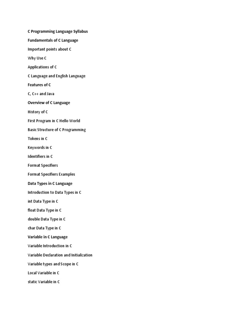 C Programming Language Syllabus Pdf C Programming Language
