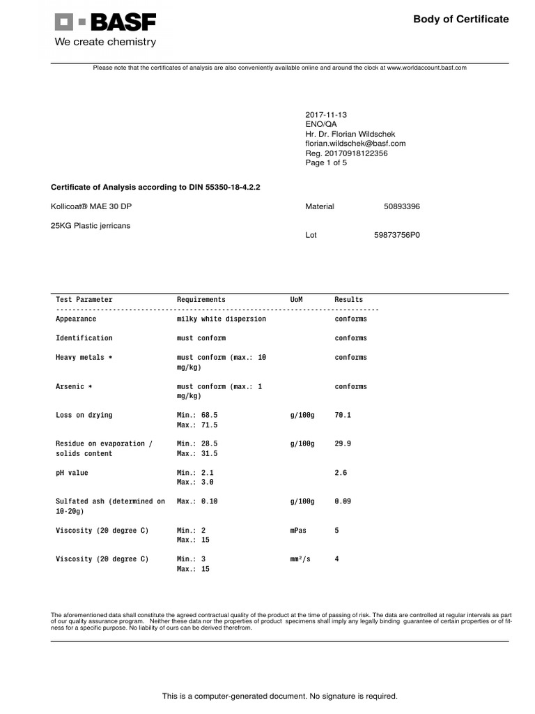 CoA Kollicoat MAE 30DP 59873756P0 | PDF | Quality Assurance | Nature