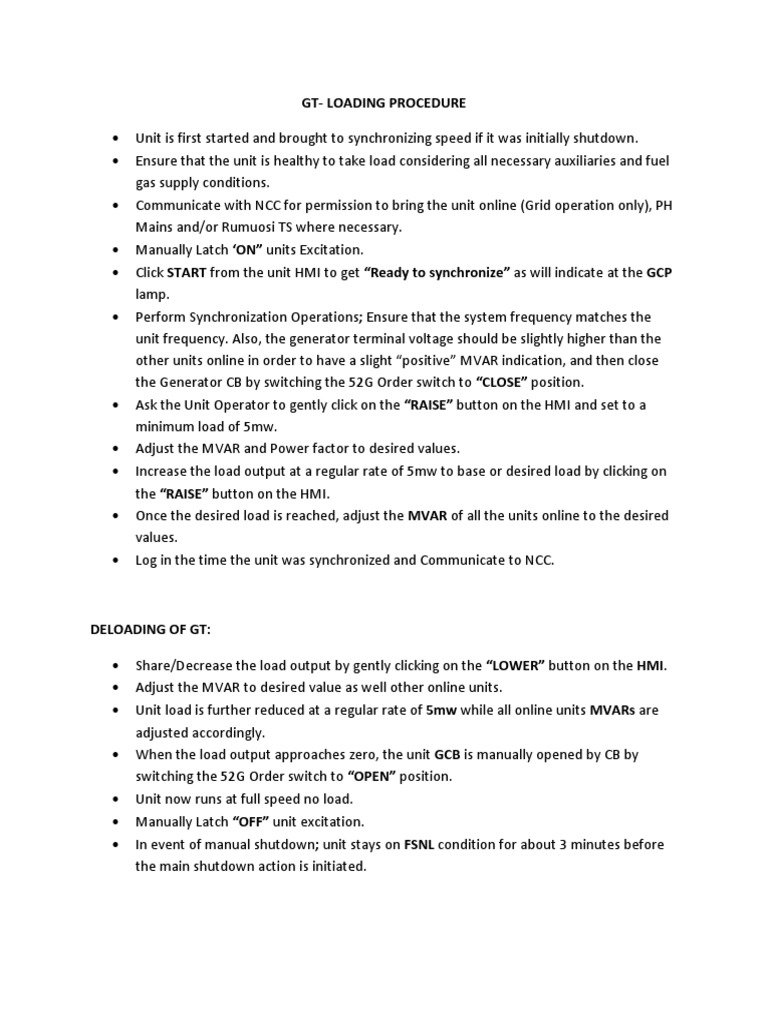 GT Loading and Deloading Procedure | PDF