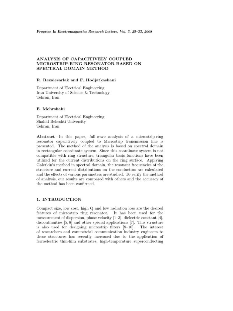 Analysis of Capacitively Coupled Microstrip-Ring Resonator Based On Spectral Domain Method R ...