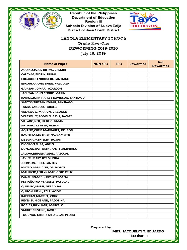 Langla Elementary School Grade Five-One DEWORMING 2019-2020 July 15 ...