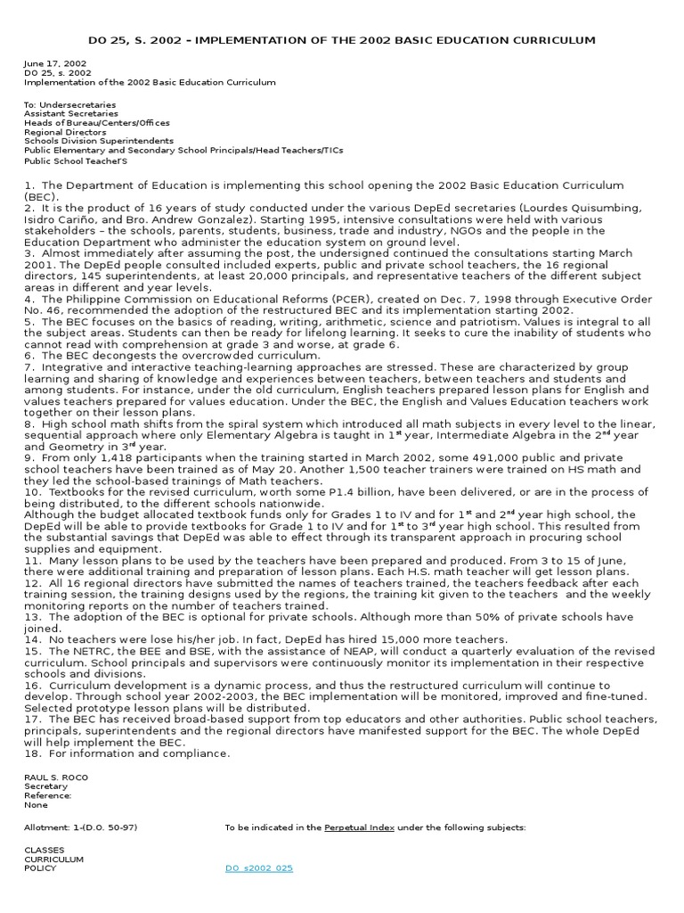 Implementation Guidelines for the 2002 Basic Education Curriculum | PDF | Schools | Teachers