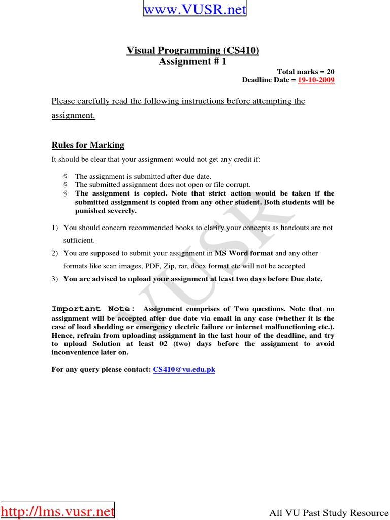 Visual Programming Cs410 Fall 2009 Assignment 01 Pdf Array Data Structure Integer 7547