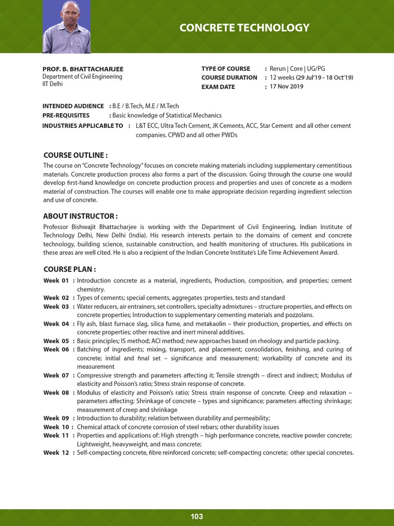 Concrete Technology: Course Outline | PDF | Concrete | Cement