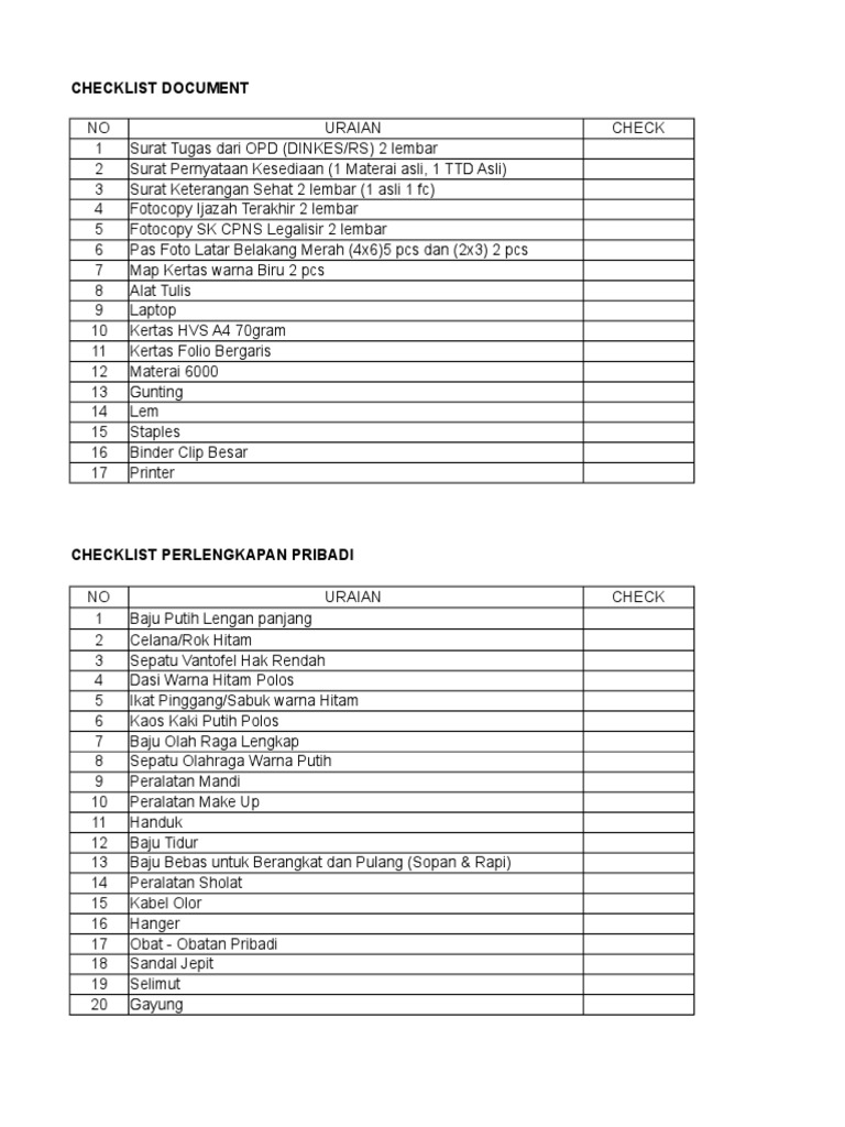Checklist Perlengkapan LATSAR | PDF