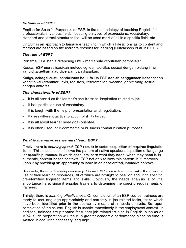 Definition of ESP | PDF | English Language | Language Acquisition
