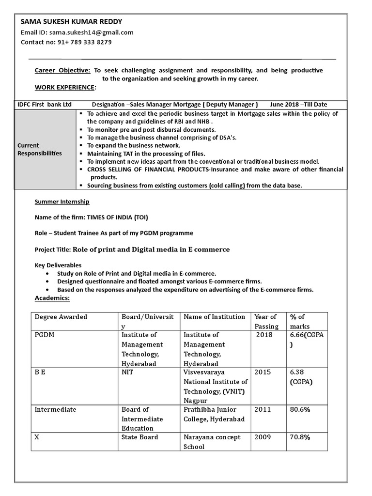 Career Objective: Work Experience:: Sama Sukesh Kumar Reddy | Download Free PDF | E Commerce ...