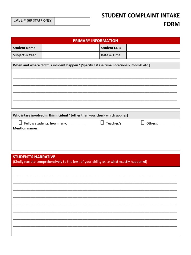 Student Complaint Intake Form: Primary Information | Download Free PDF ...
