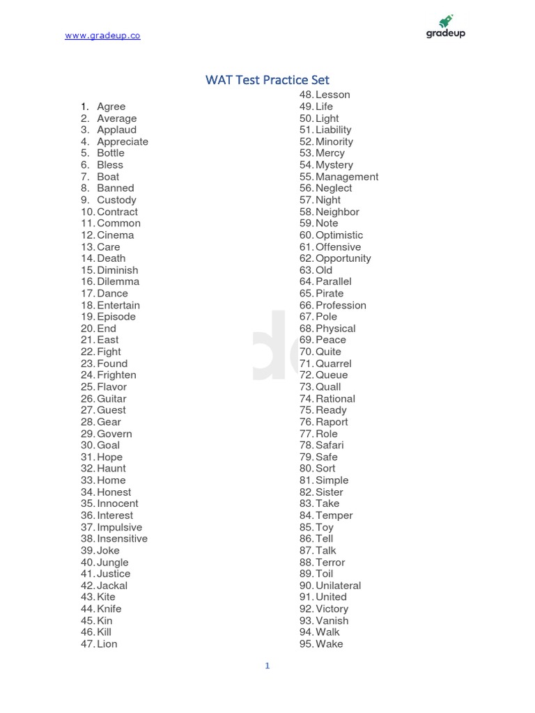 WAT Test Practice Vocabulary List | PDF
