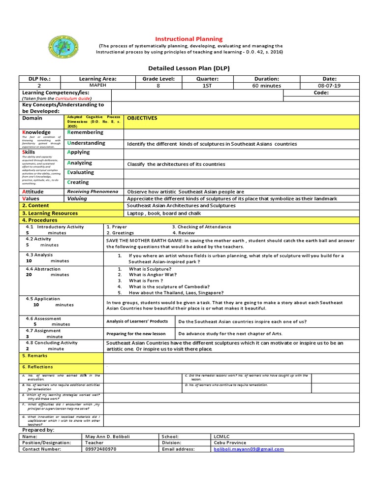 Detailed Lesson Plan (DLP) : Instructional Planning | PDF | Lesson Plan ...