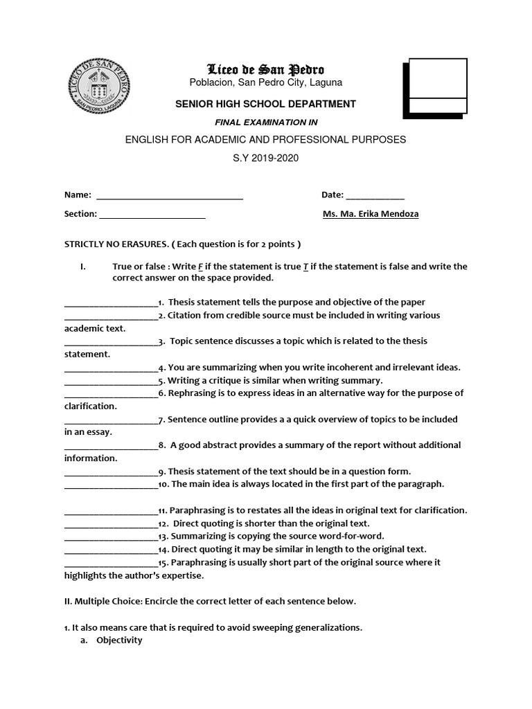 Eapp Prelim Exam | PDF | Abstract (Summary) | Scientific Method