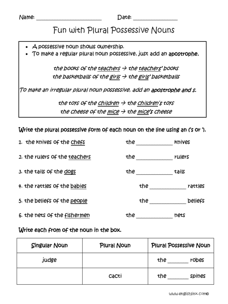 Plural Possessive Nouns Practice | PDF | Plural | Scientific Classification