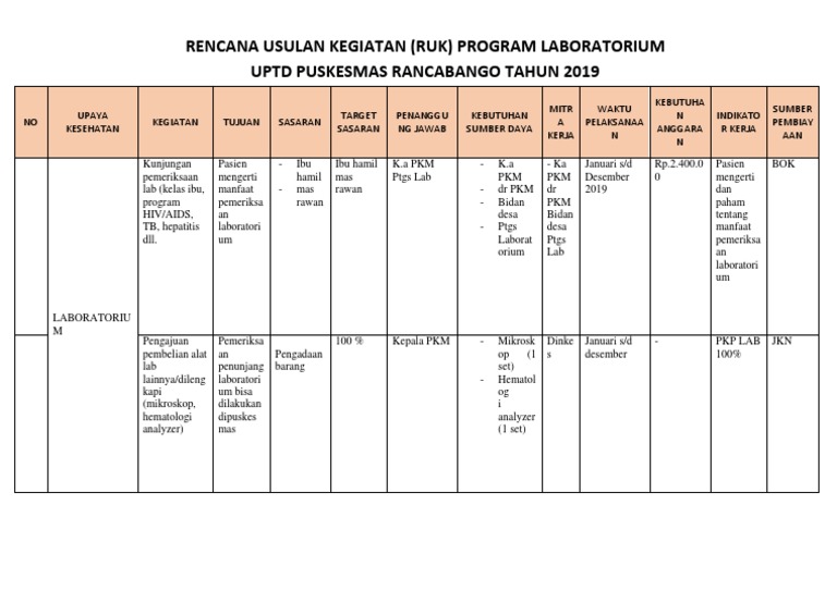 Rencana Usulan Kegiatan (Ruk) Program Laboratorium Uptd Puskesmas Rancabango Tahun 2019 | PDF