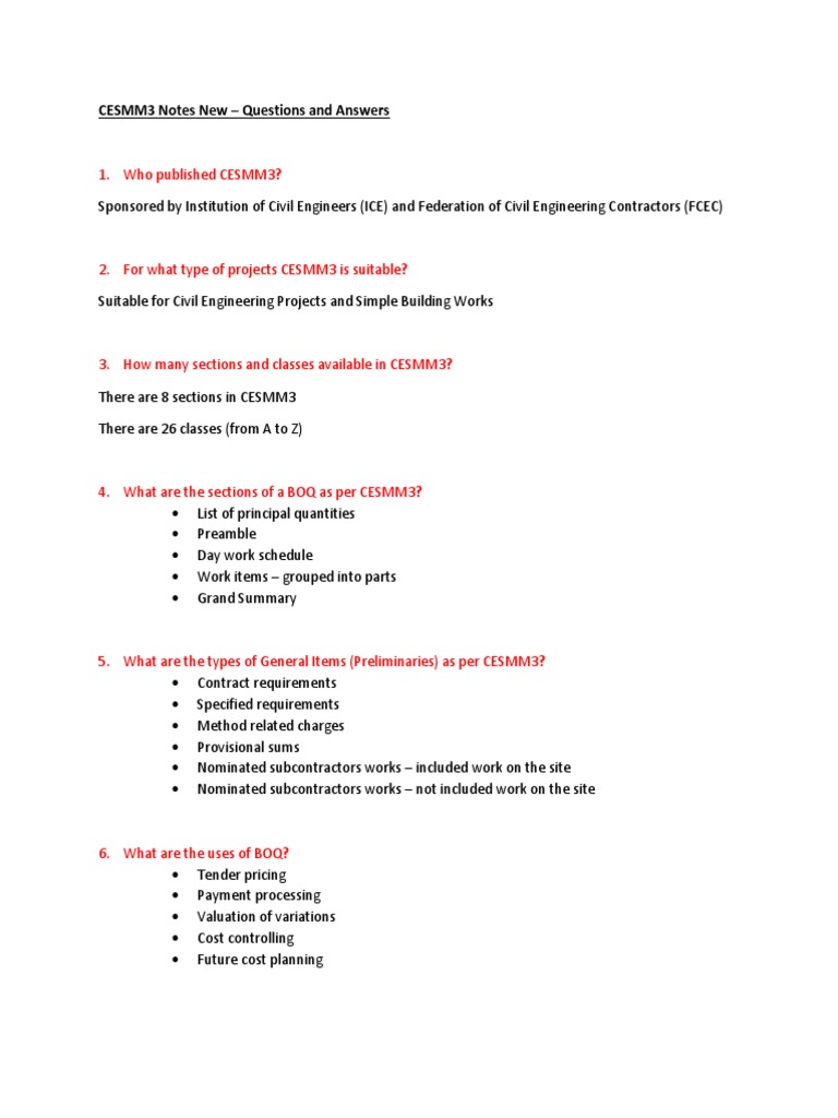 CESMM3 Notes New - Questions and Answers | PDF
