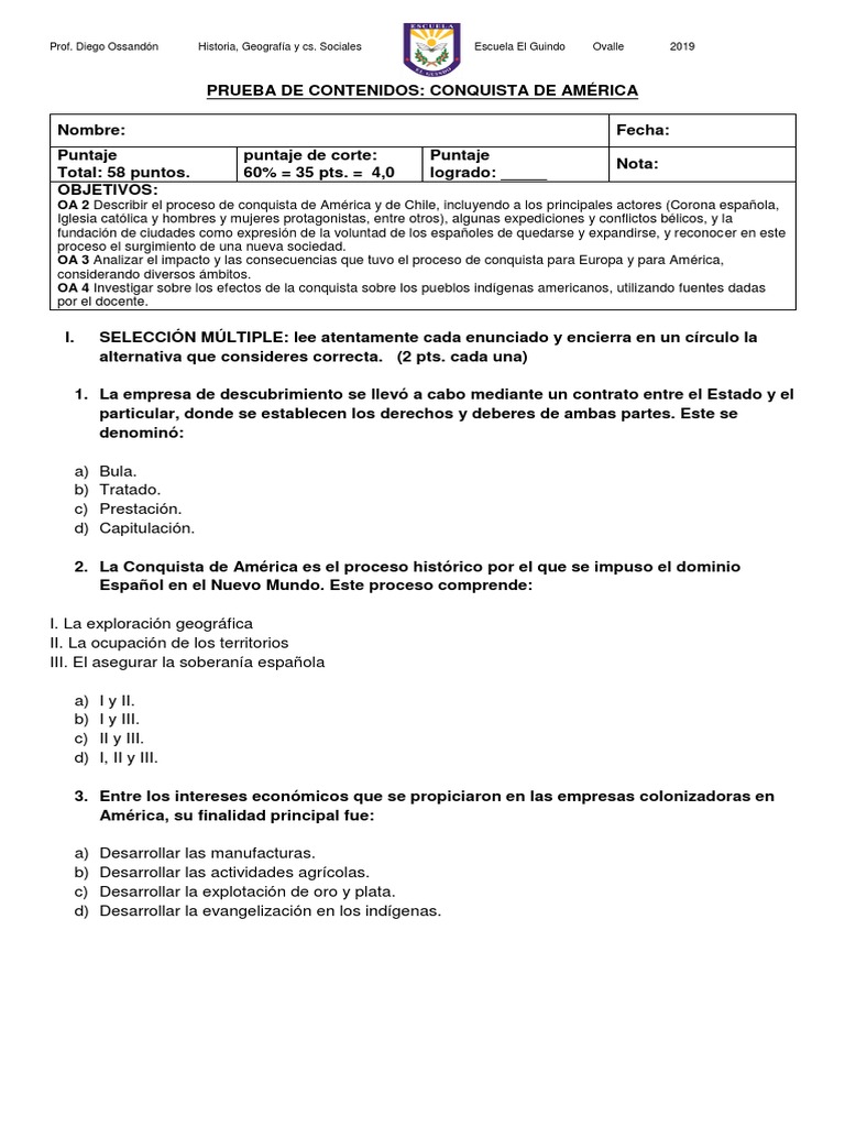 Prueba 4 Conquista de América | PDF | Conquistador | Colonización ...